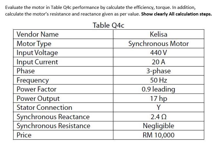 Solved Evaluate the motor in Table Q4c performance by | Chegg.com
