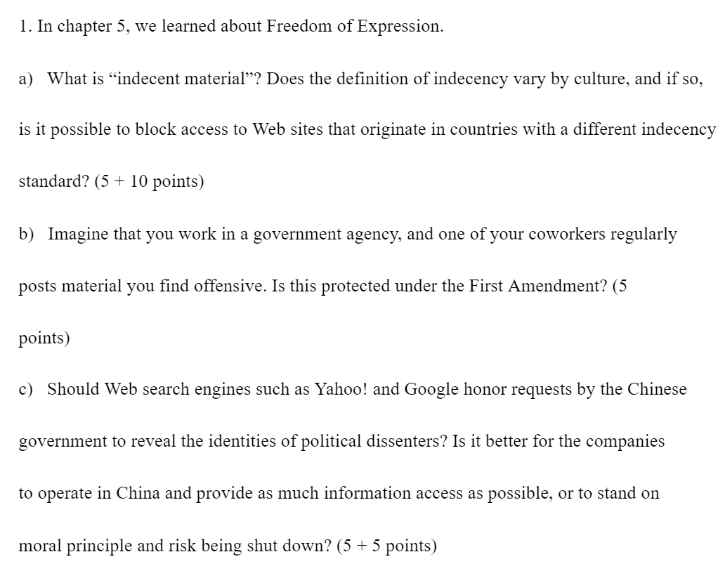 Solved 1. In chapter 5, we learned about Freedom of | Chegg.com