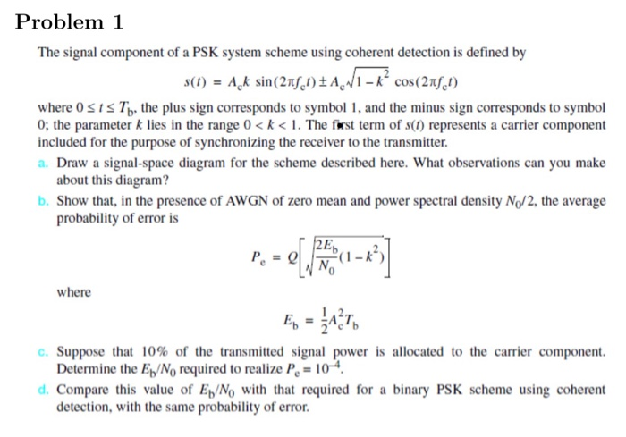 Solved Problem1 The signal component of a PSK system scheme | Chegg.com