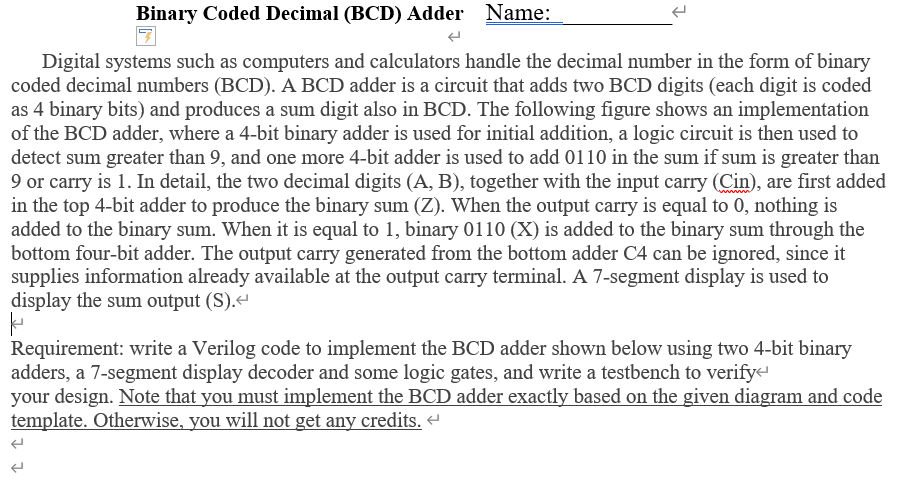 Solved Binary Coded Decimal (BCD) Adder Name: Digital | Chegg.com