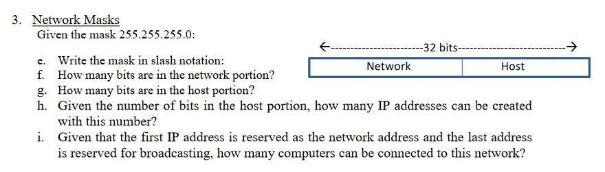 Solved 3. Network Masks Given the mask 255.255.255.0: 32 | Chegg.com