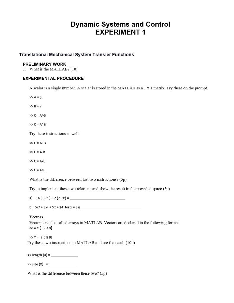 Solved Dynamic Systems and Control EXPERIMENT 1 | Chegg.com