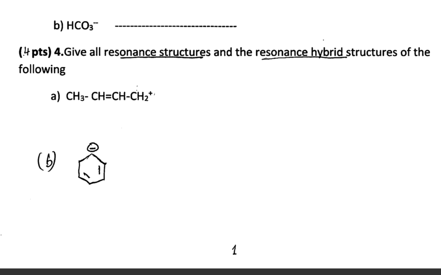 Solved b) HCO3- 1.4 pts) 4.Give all resonance structures and | Chegg.com