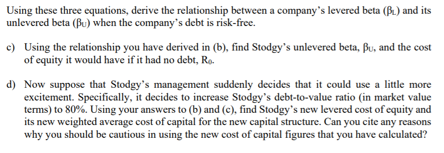Solved Stodgy Corp. has a debt-equity ratio (in market value | Chegg.com