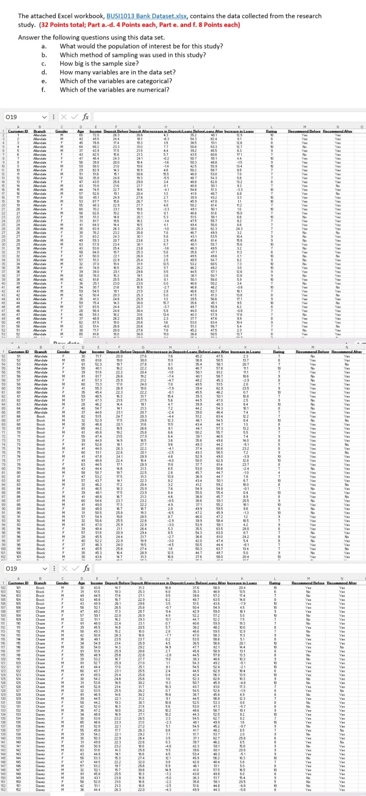 The attached Excel workbook, BUSI1013 ﻿Bank | Chegg.com