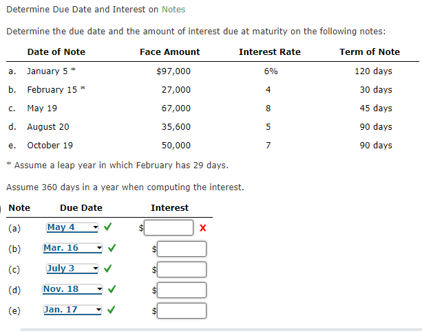 Solved Determine Due Date and Interest on Notes Determine | Chegg.com
