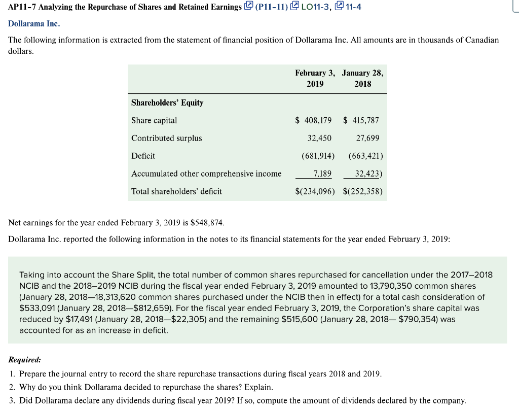 Solved AP11-7 Analyzing the Repurchase of Shares and | Chegg.com