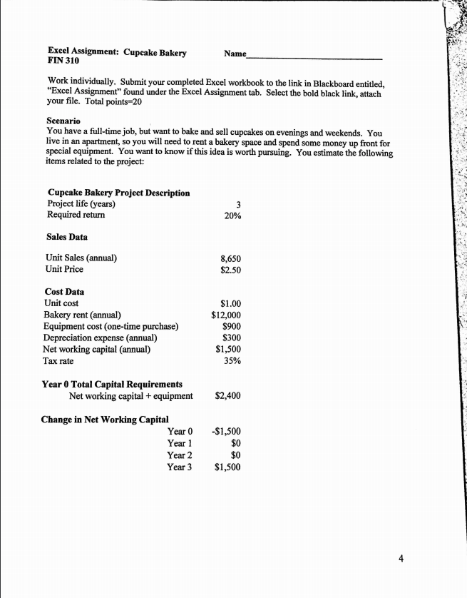 Solved Excel Assignment: Cupcake Bakery Name FIN 310 Work | Chegg.com