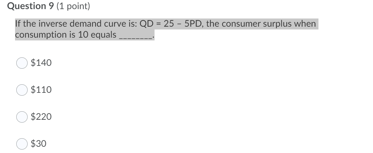 Question 9 (1 point) If the inverse demand curve is: | Chegg.com