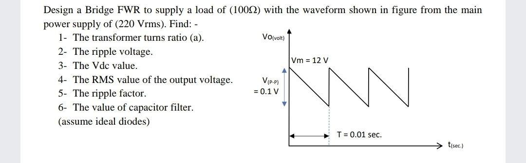 Solved VO(volt) Design a Bridge FWR to supply a load of | Chegg.com