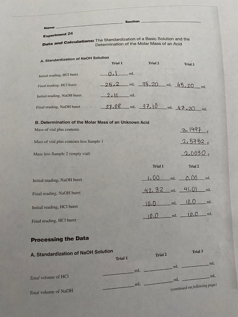 Solved Section Name Experiment 24 Data and Calculations: The | Chegg.com