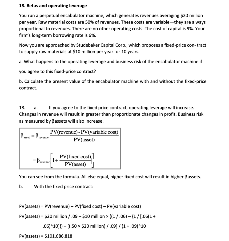 Solved 18. Betas and operating leverage You run a perpetual | Chegg.com