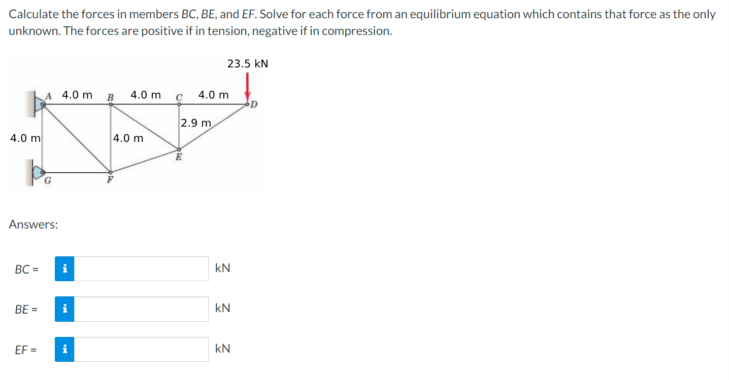Solved Calculate the forces in members BC,BE, and EF. Solve | Chegg.com