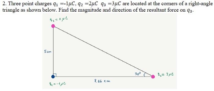Solved Three point charges 𝑞1 =-1𝜇𝐶, 𝑞2 =2𝜇𝐶 𝑞3 | Chegg.com
