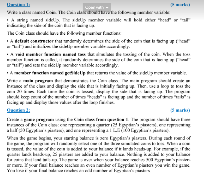 Solved Question 1: (5 marks) Open with Write a class named | Chegg.com