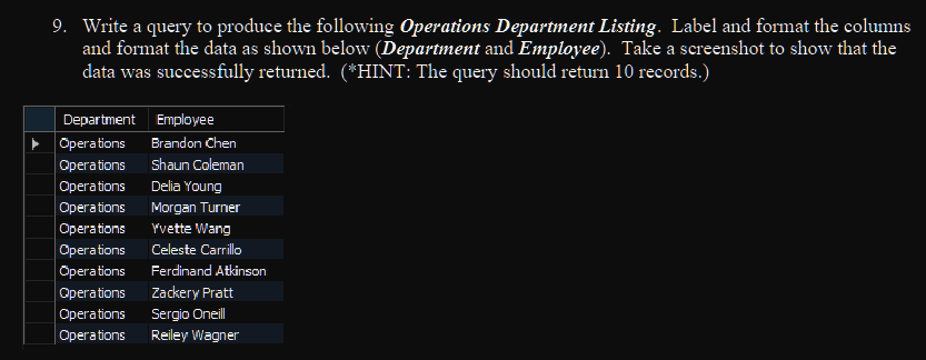 Solved 9. Write a query to produce the following Operations | Chegg.com