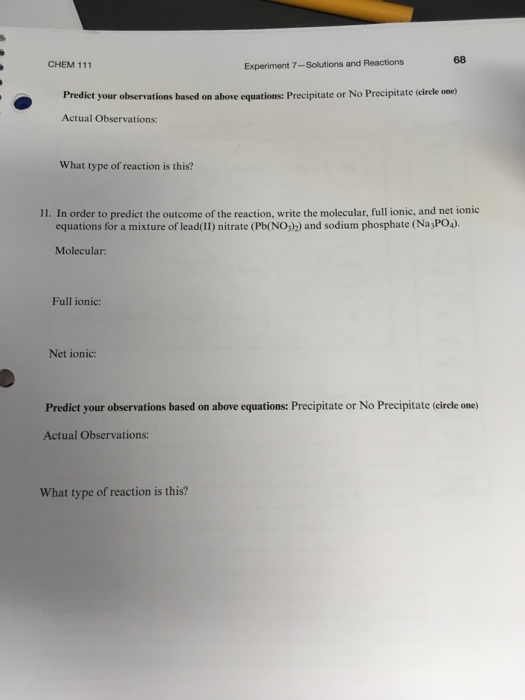 Solved 68 CHEM 111 Experiment 7-Solutions and Reactions | Chegg.com