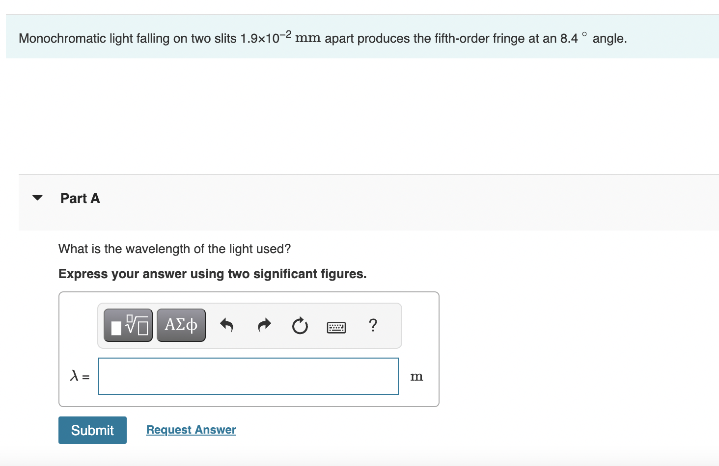 Solved Monochromatic light falling on two slits 1.9×10−2 mm | Chegg.com