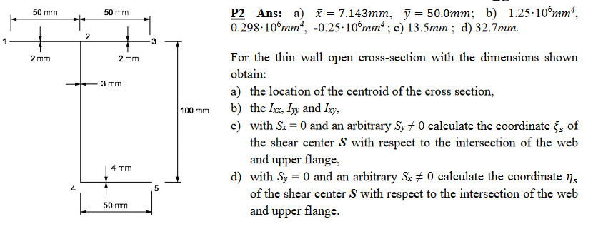 Solved P2 Ans: a) xˉ=7.143 mm,yˉ=50.0 mm; b) 1.25⋅106 mm4, | Chegg.com