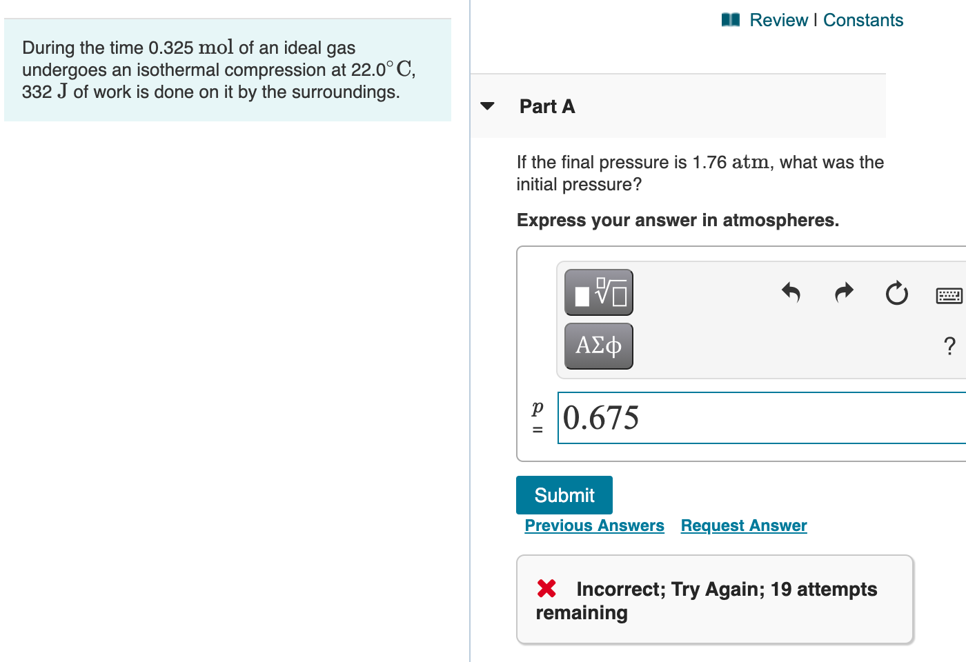 Solved 1 Review Constants During the time 0.325 mol of an | Chegg.com