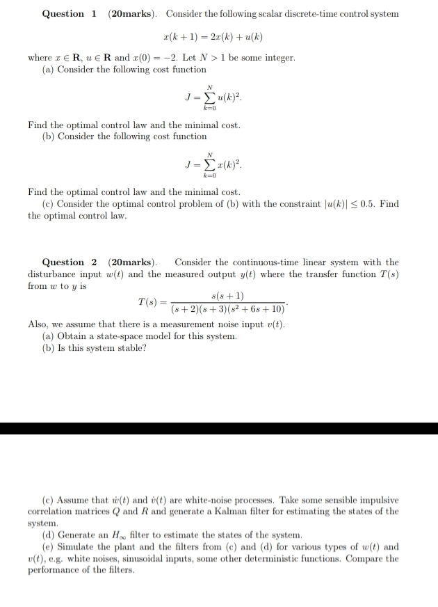 Question (20marks). Consider the following scalar | Chegg.com
