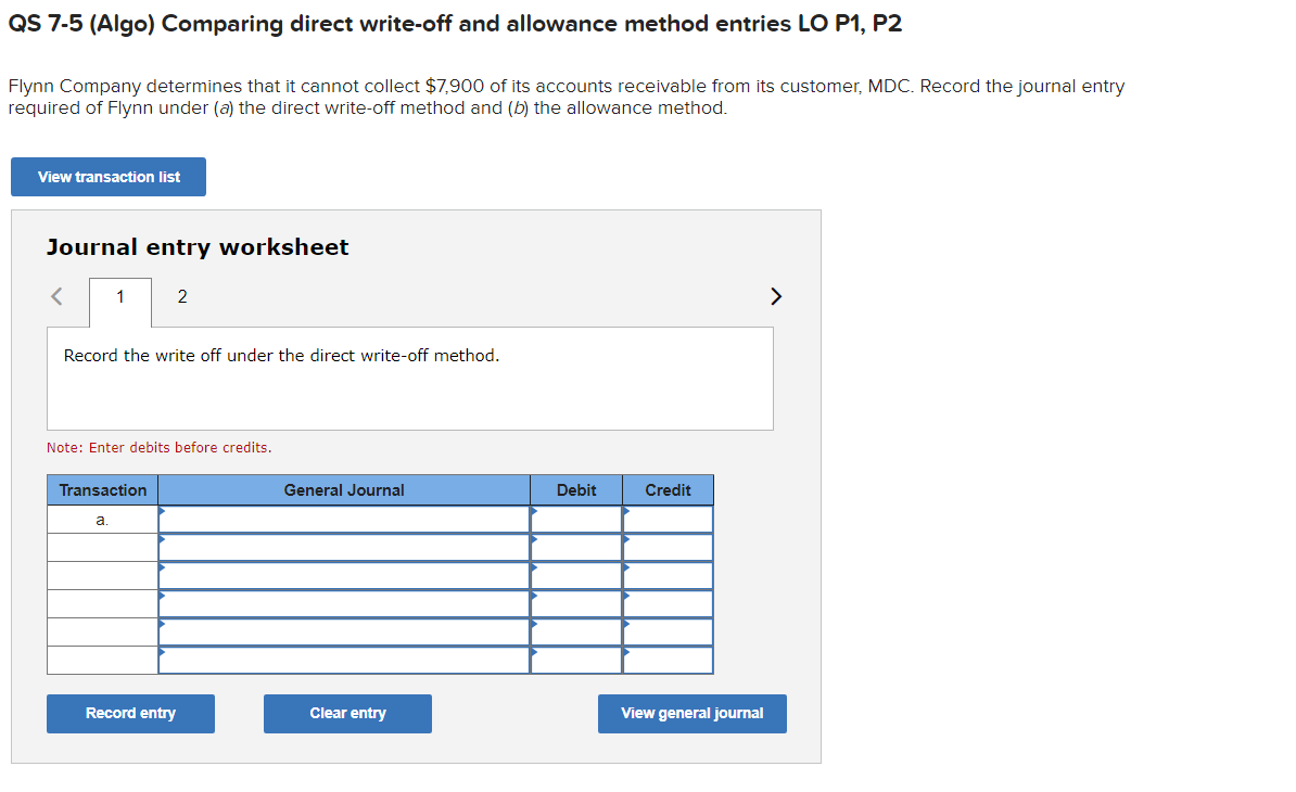 Solved 2S 7-5 (Algo) Comparing direct write-off and | Chegg.com