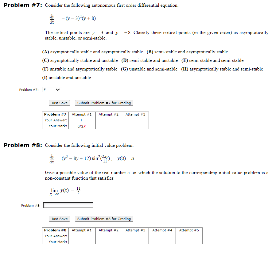 Solved Problem \# 7: Consider the following autonomous first | Chegg.com