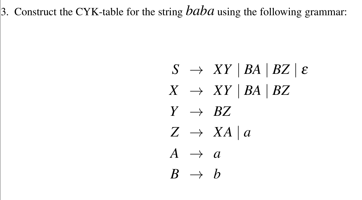 Solved 3. Construct the CYK-table for the string baba using | Chegg.com