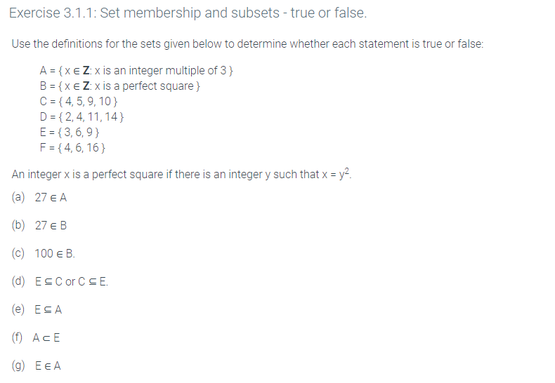 Solved Exercise 3.1.1: Set membership and subsets - true or | Chegg.com
