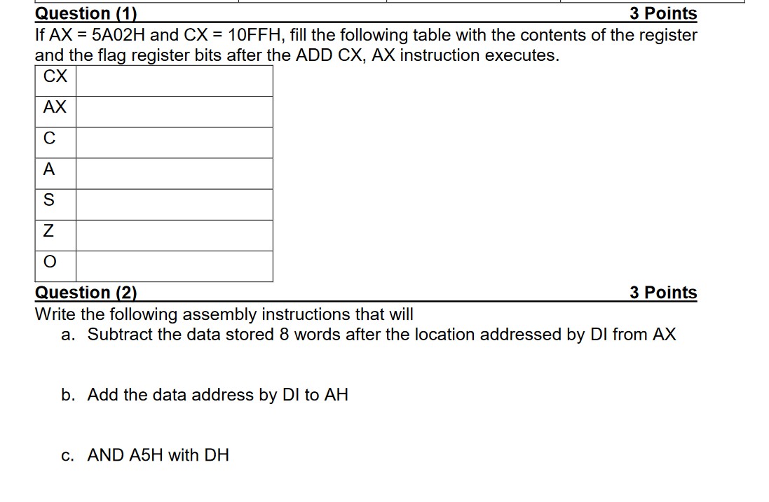 Solved If AX=5AO2H and CX=10FFH, fill the following table | Chegg.com