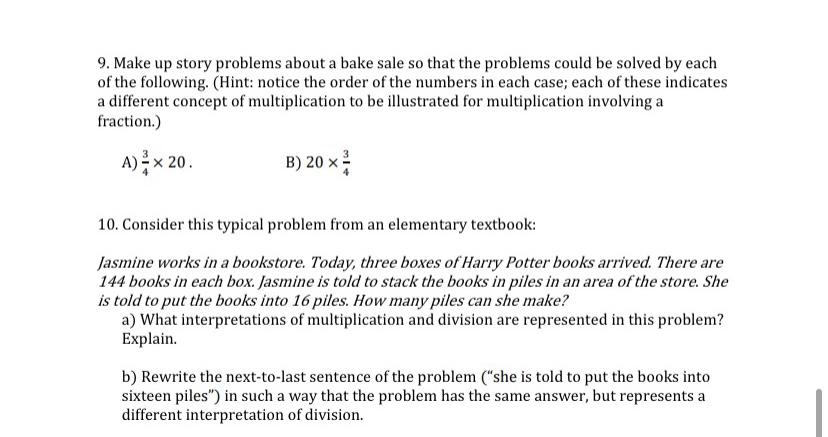 Solved 9. Make up story problems about a bake sale so that | Chegg.com