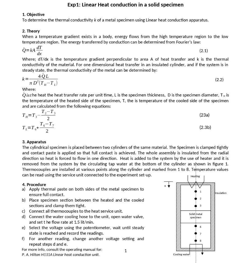 Solved Exp1: Linear Heat conduction in a solid specimen 1. | Chegg.com