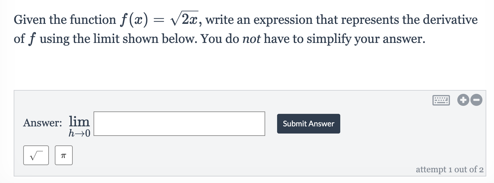 Solved Given the function f(a) = V2x, write an expression | Chegg.com