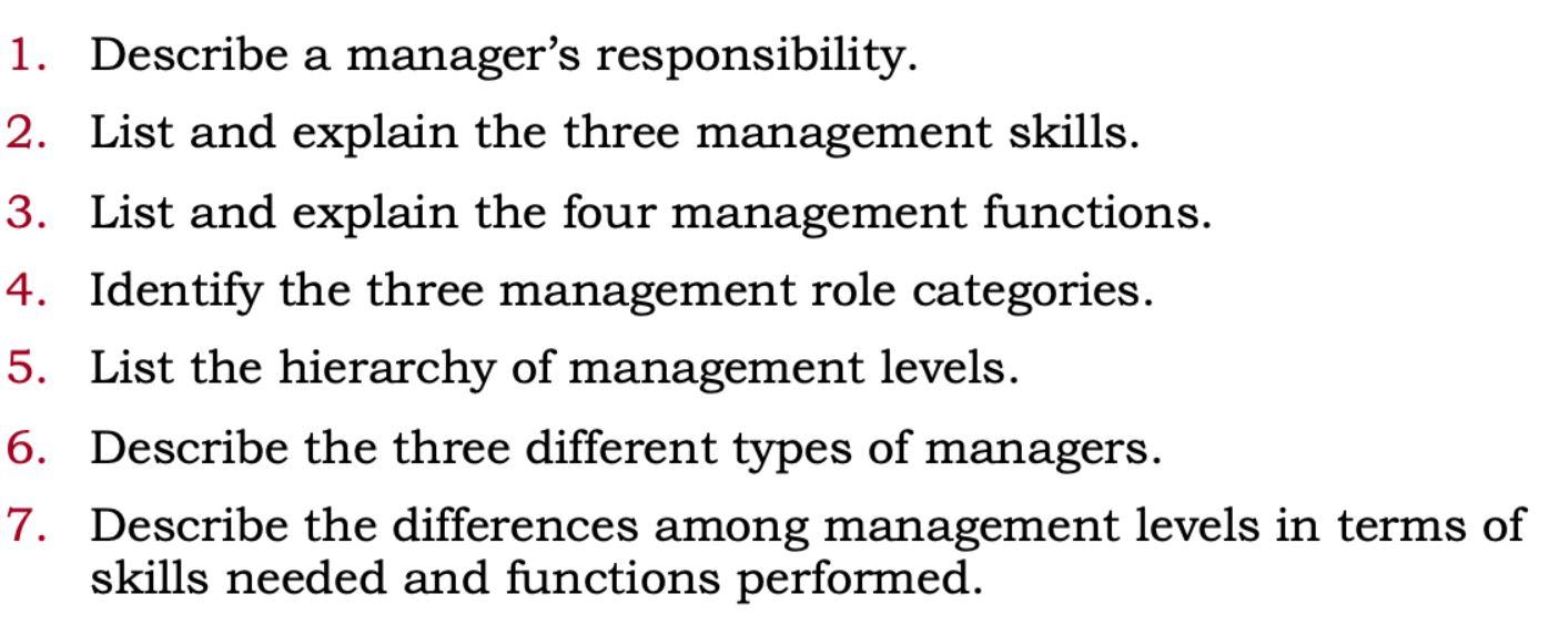 Solved 1. Describe a manager's responsibility. 2. List and | Chegg.com