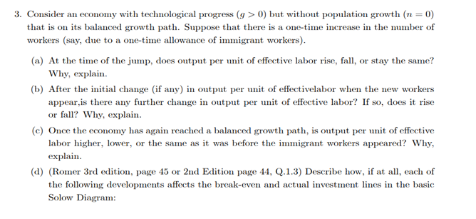 Solved 3. Consider an economy with technological progress | Chegg.com