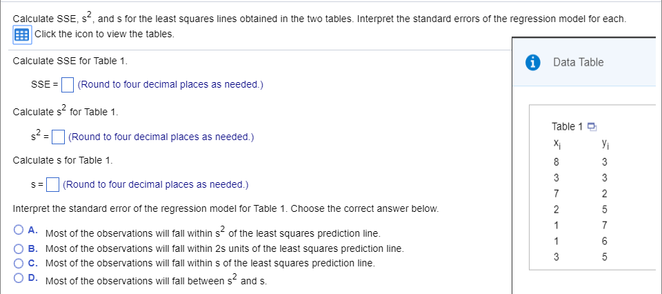 Solved Calculate SSE, s, and s for the least squares lines | Chegg.com