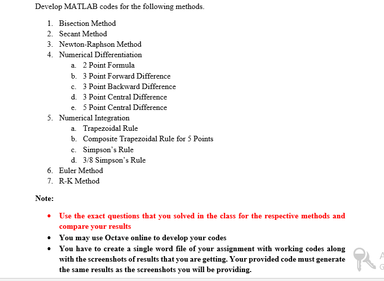 Solved Develop MATLAB codes for the following methods. 1. | Chegg.com