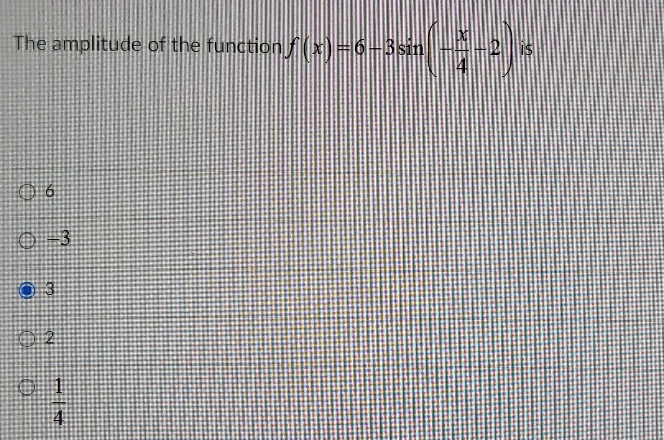 Solved The amplitude of the function f(x)=6−3sin(−4x−2) is | Chegg.com