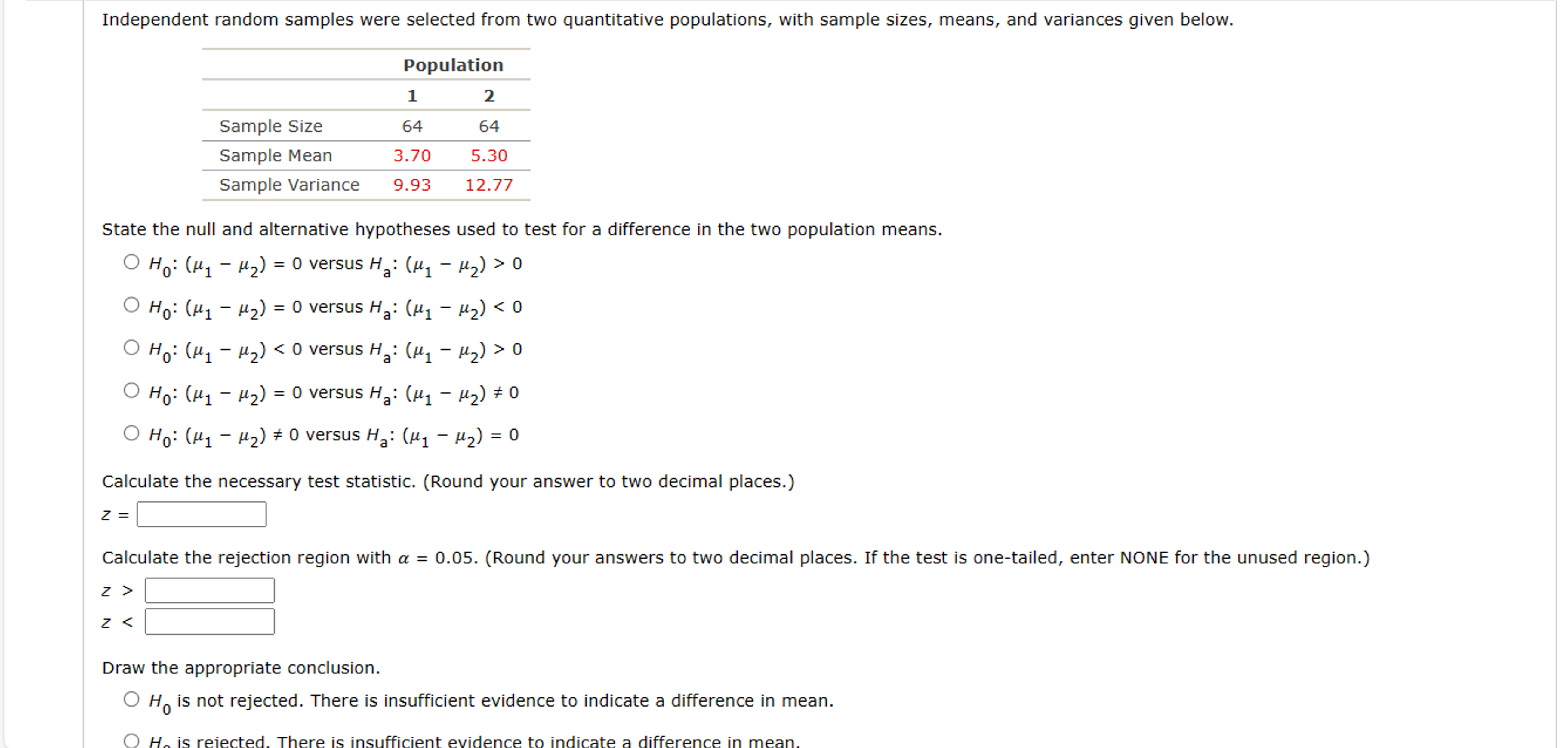 Solved Independent random samples were selected from two | Chegg.com