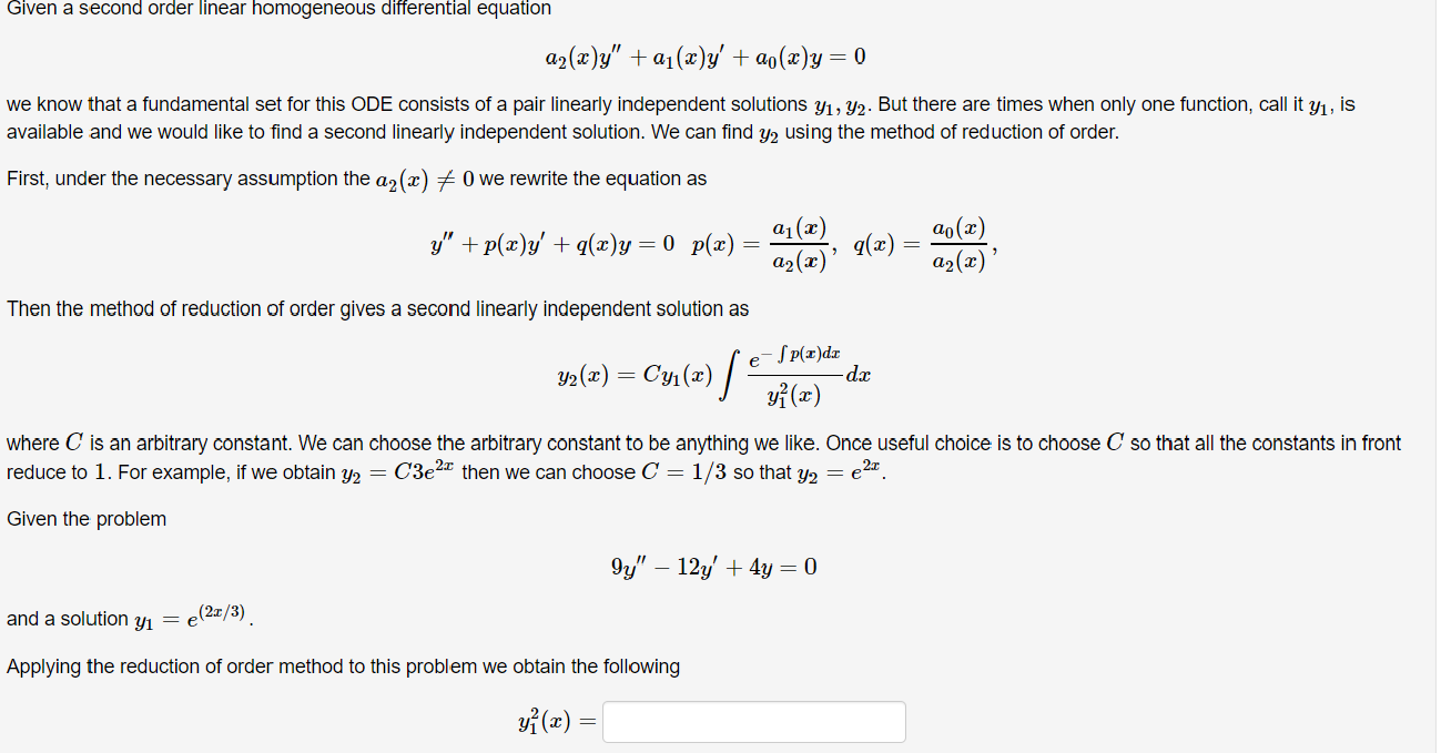 Solved Given a second order linear homogeneous differential | Chegg.com
