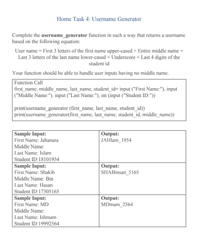 Solved Home Task 4: Username Generator Complete the | Chegg.com