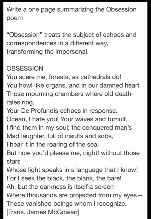 Write a one page summarizing the Obsession poem | Chegg.com