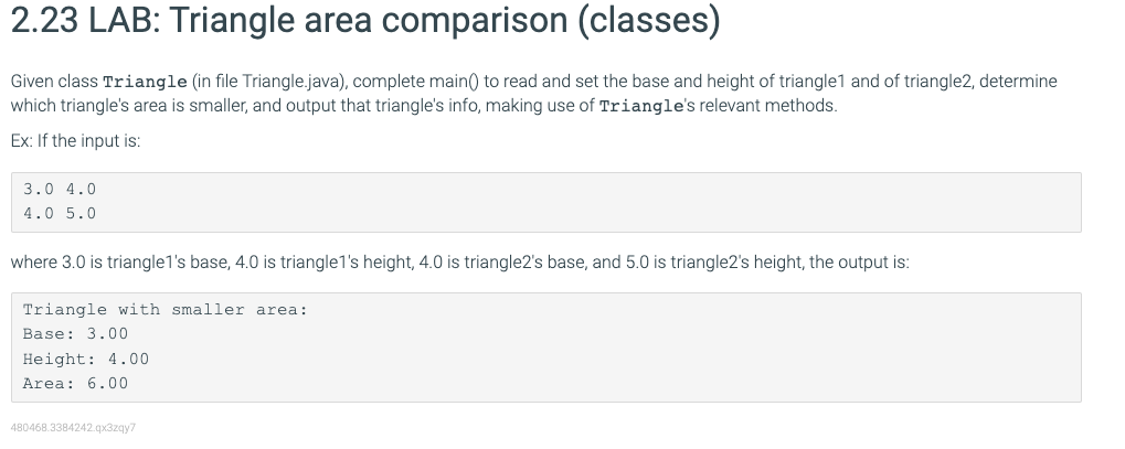 Solved 2.23 LAB: Triangle area comparison (classes) Given | Chegg.com Solved 2.23 LAB: Triangle area comparison (classes) Given | Chegg.com