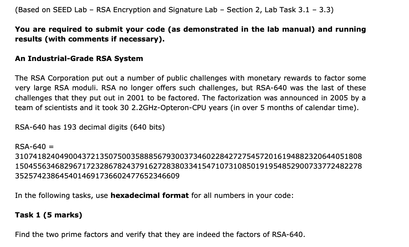 (Based on SEED Lab - RSA Encryption and Signature Lab | Chegg.com