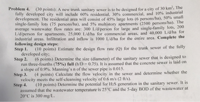 Solved Problem 4. (30 points): A new trunk sanitary sewer is | Chegg.com