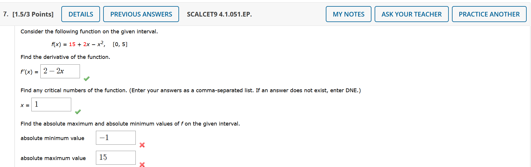 Solved 7. (1.5/3 Points] DETAILS PREVIOUS ANSWERS SCALCET9 | Chegg.com