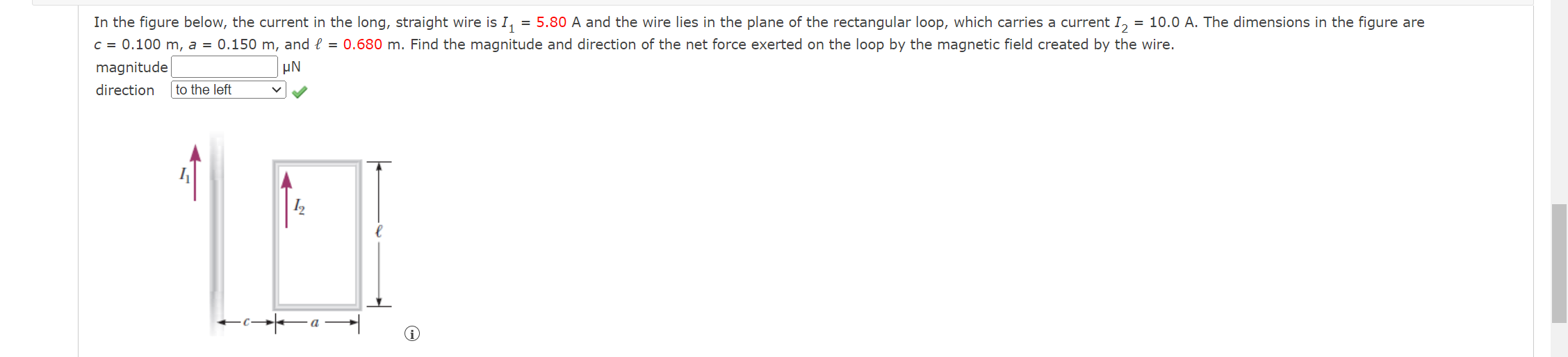 Solved c=0.100m,a=0.150m, ﻿and l=0.680m. ﻿Find the magnitude | Chegg.com