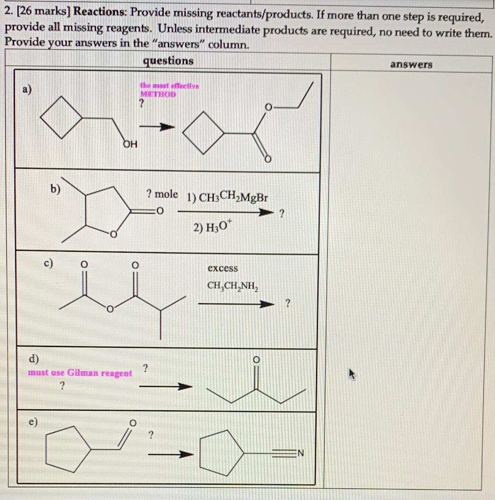 Solved 2. [26 marks] Reactions: Provide missing | Chegg.com