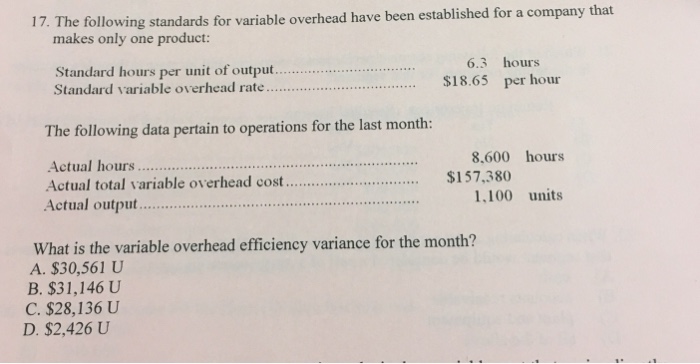 Solved 17. The following standards for variable overhead | Chegg.com