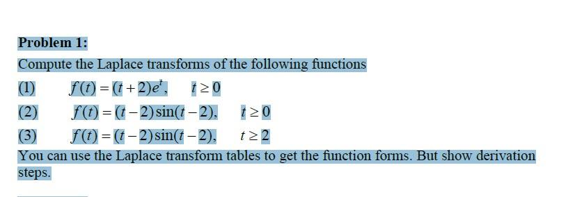 Solved Problem 1: Compute the Laplace transforms of the | Chegg.com